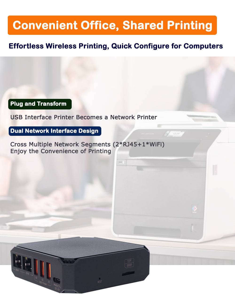 3 USB Ports Wireless WiFi Bluetooth Network Print Server for Multiple ...